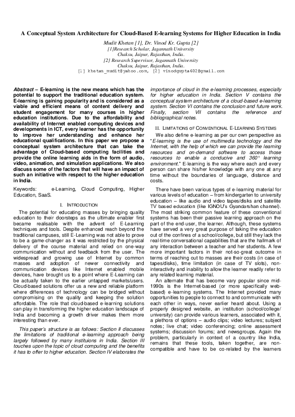 Doc A Conceptual System Architecture For Cloud Based E Learning Systems For Higher Education