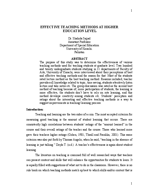 (PDF) EFFECTIVE TEACHING METHODS AT HIGHER EDUCATION LEVEL | Karthick ...