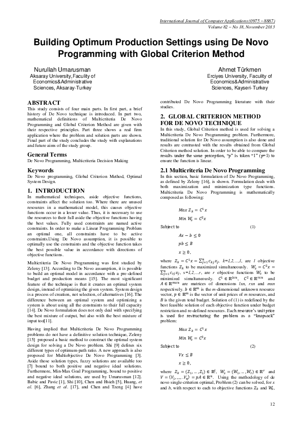 Pdf Building Optimum Production Settings Using De Novo Programming With Global Criterion Method