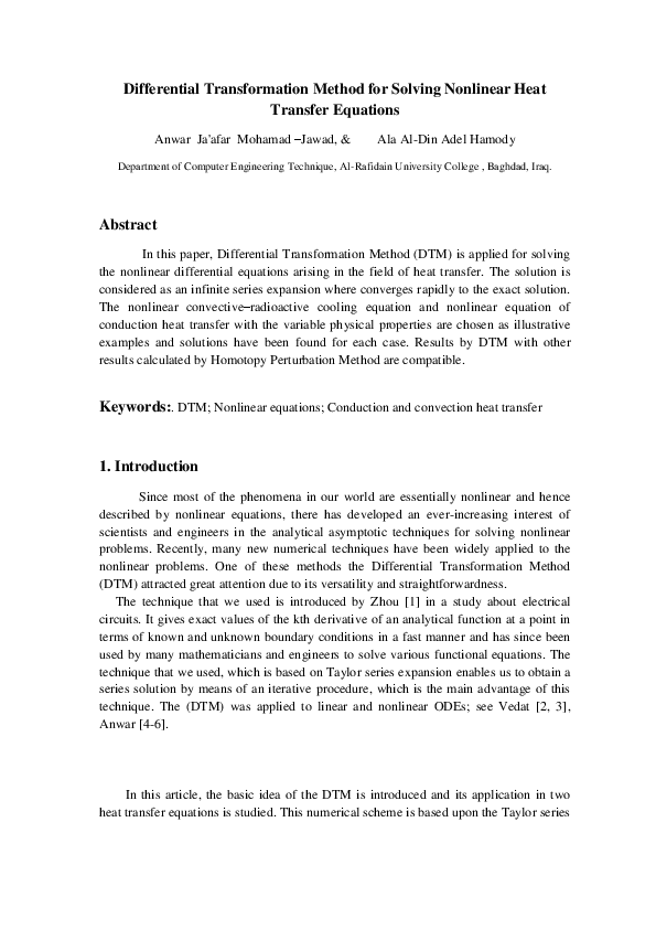 Pdf Differential Transformation Method For Solving Nonlinear Heat Transfer Equations