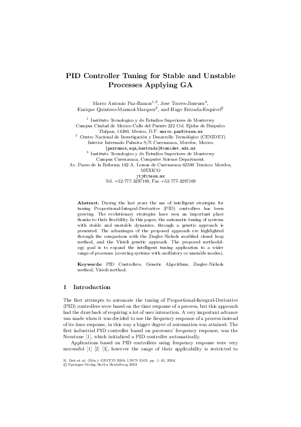 (PDF) PID Controller Tuning for Stable and Unstable Processes Applying GA