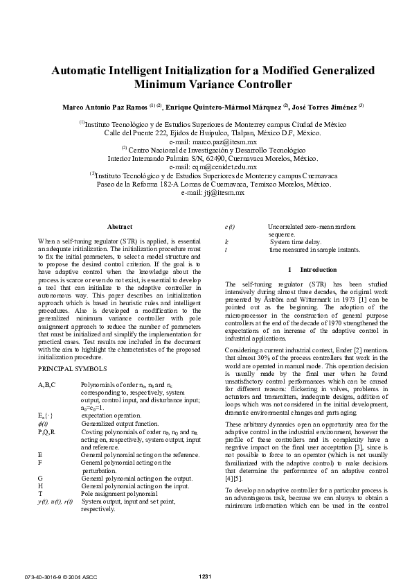 Pdf Automatic Intelligent Initialization For A Modified Generalized Minimum Variance Controller