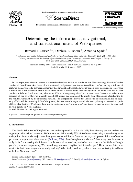 (PDF) Determining the informational, navigational, and transactional intent of Web queries