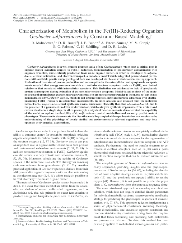 (PDF) Characterization of metabolism in the Fe (III)-reducing organism ...