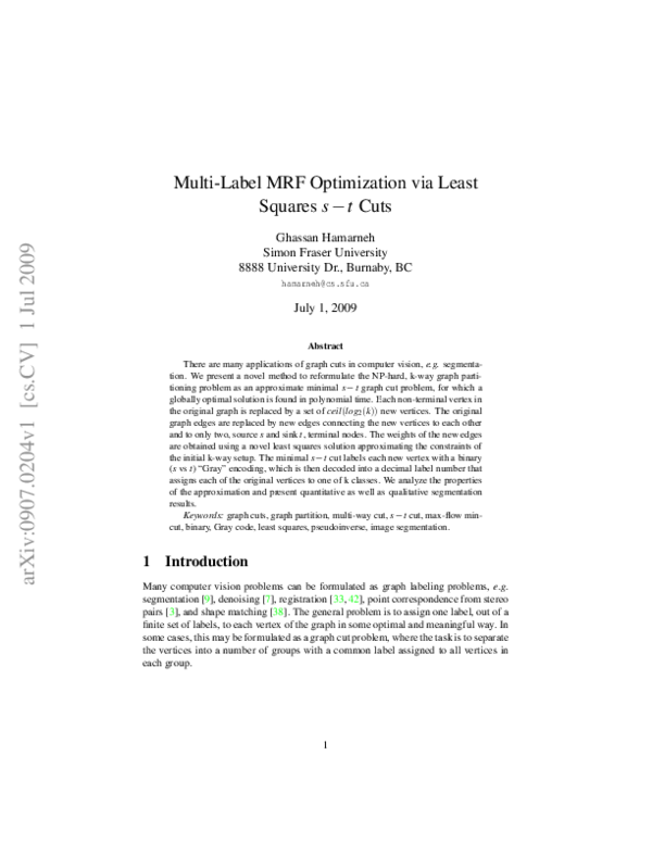 (PDF) Multi-label MRF Optimization via a Least Squares s− t Cut