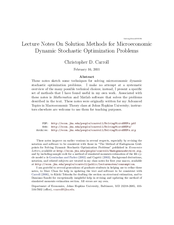 Pdf Lecture Notes On Solution Methods For Microeconomic Dynamic Stochastic Optimization Problems