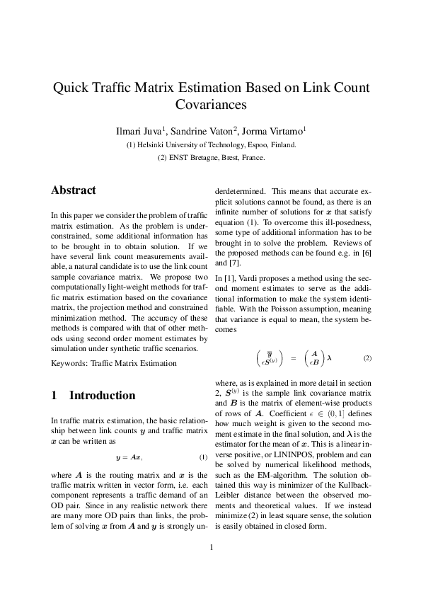 (PDF) Quick Traffic Matrix Estimation Based on Link Count Covariances