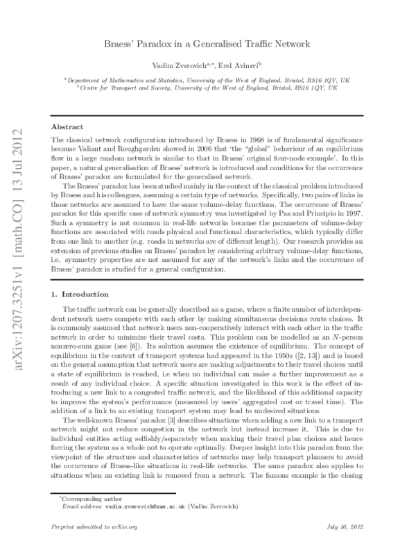 (PDF) Braess' Paradox in a Generalised Traffic Network