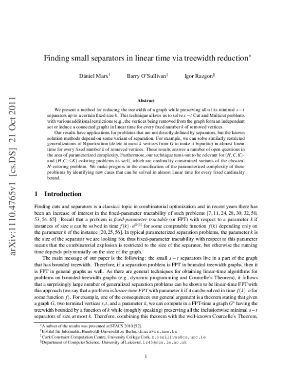 Pdf Finding Small Separators In Linear Time Via Treewidth Reduction Barry Osullivan