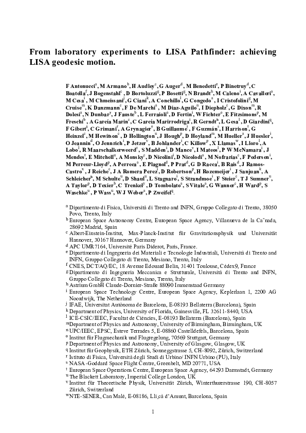 (PDF) From laboratory experiments to LISA Pathfinder: achieving LISA ...