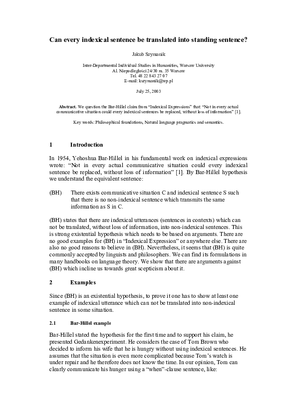 (PDF) Can every indexical sentence be translated into standing sentence?