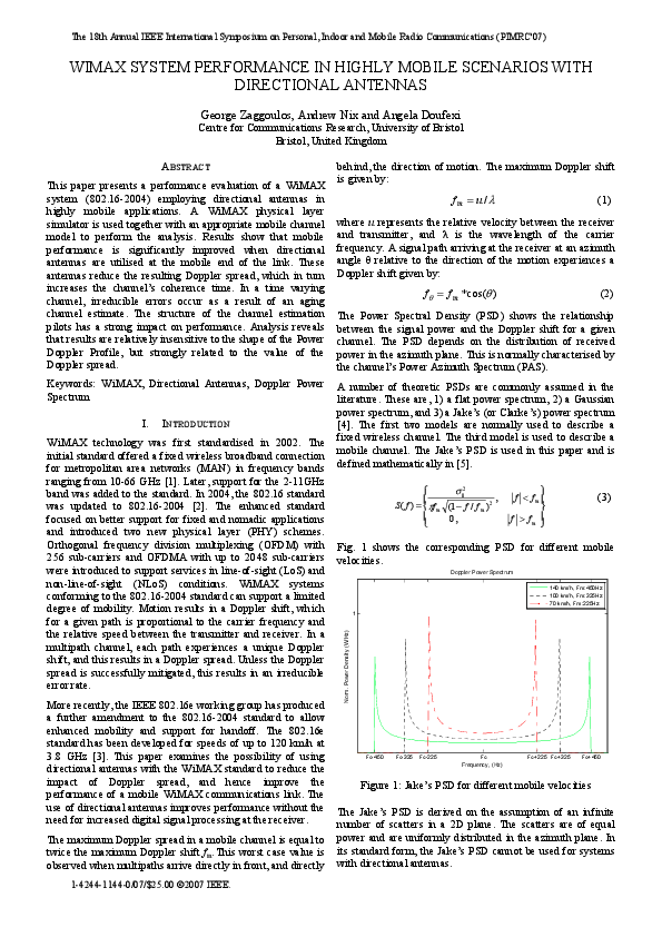 Pdf Wimax System Performance In Highly Mobile Scenarios With Directional Antennas