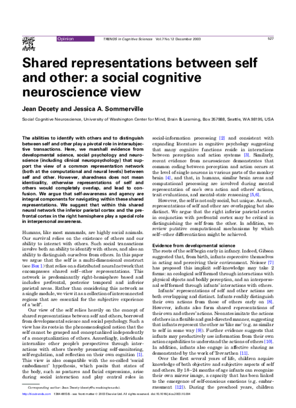 (PDF) Shared representations between self and other: a social cognitive ... (PDF) Shared representations between self and other: a social cognitive ...