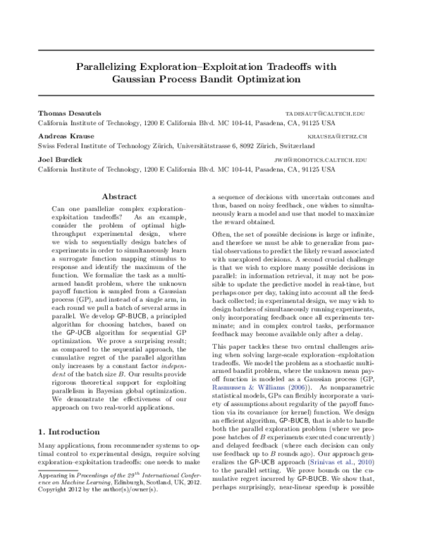 (PDF) Parallelizing Exploration-Exploitation Tradeoffs with Gaussian Process Bandit Optimization
