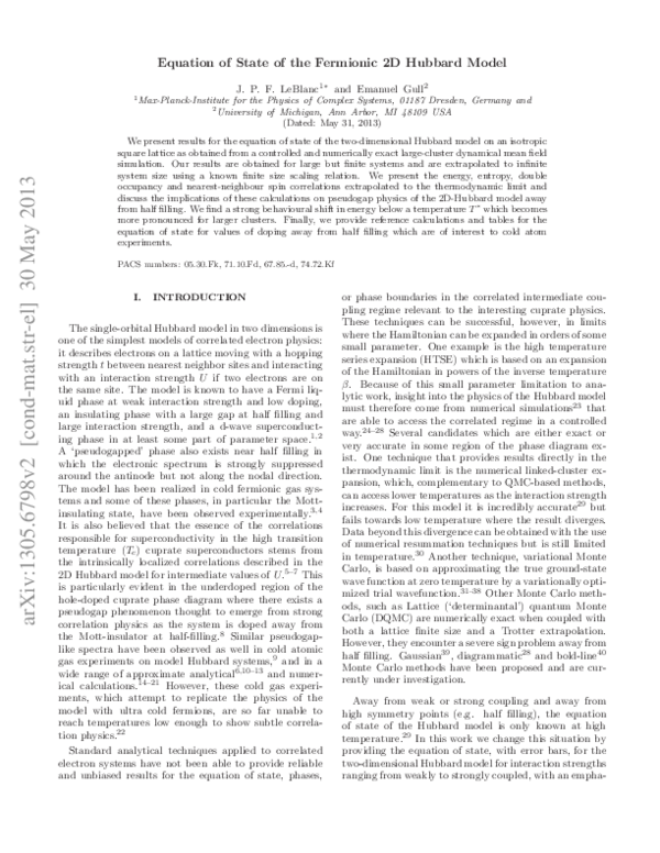 (PDF) Equation of State of the Fermionic 2D Hubbard Model