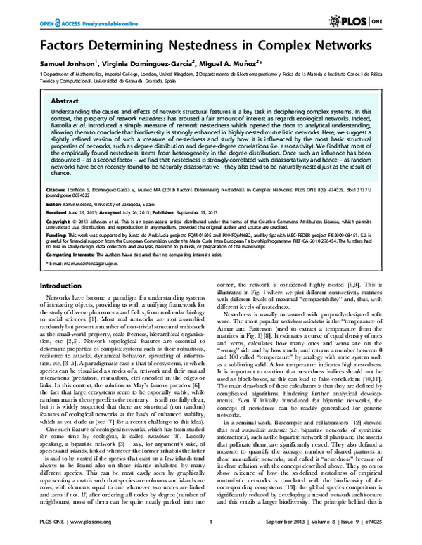 (PDF) Factors determining nestedness in complex networks
