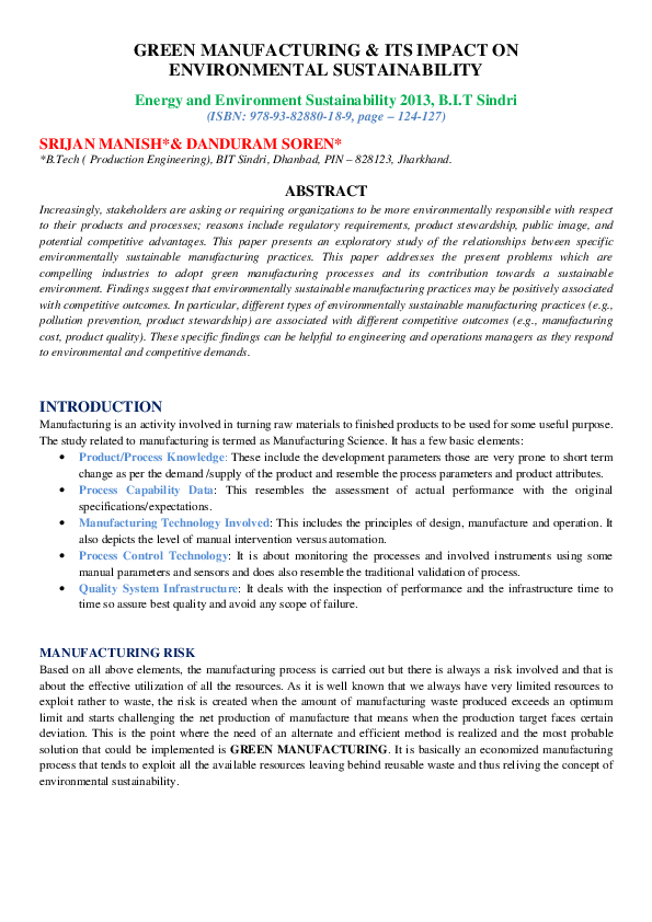 (PDF) Green Manufacturing & Its Impact On Environmental Sustainability