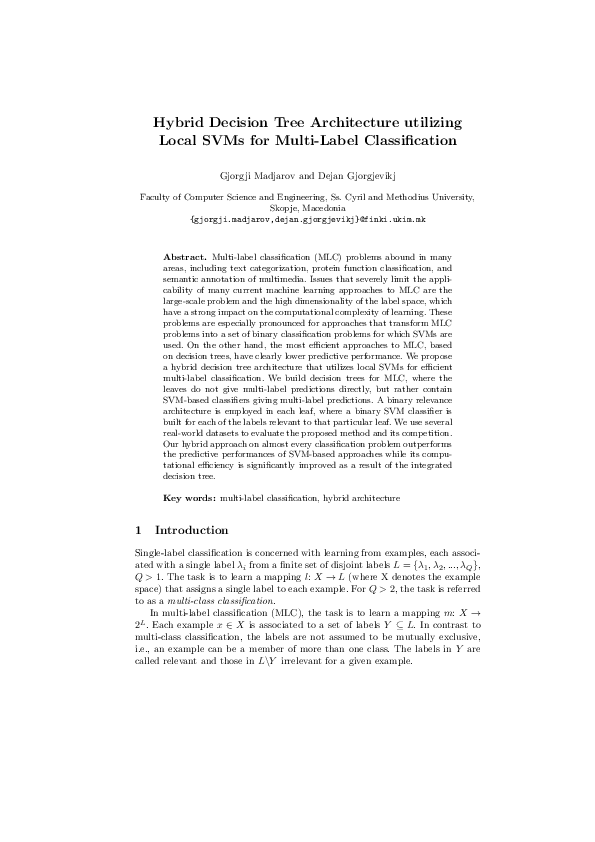 Pdf Hybrid Decision Tree Architecture Utilizing Local Svms For Multi Label Classification