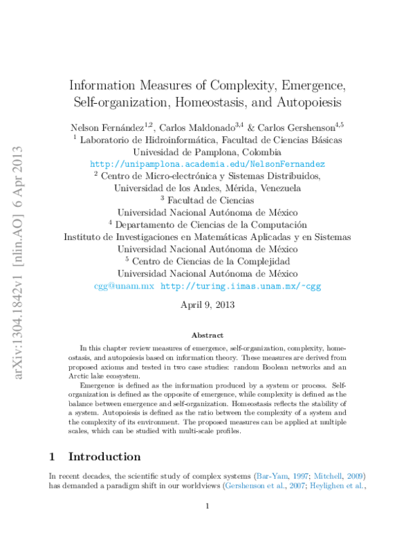 (PDF) Information Measures of Complexity, Emergence, Self-organization, Homeostasis, and Autopoiesis