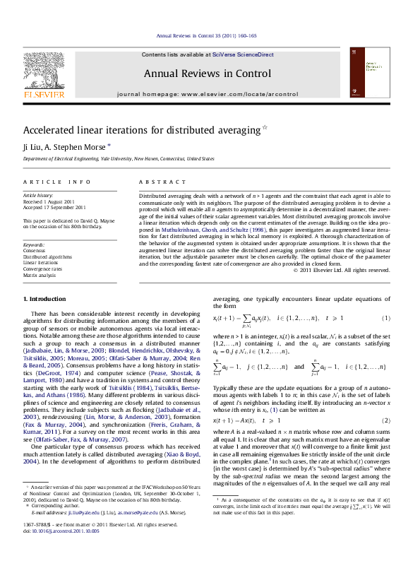 (PDF) Accelerated linear iterations for distributed averaging