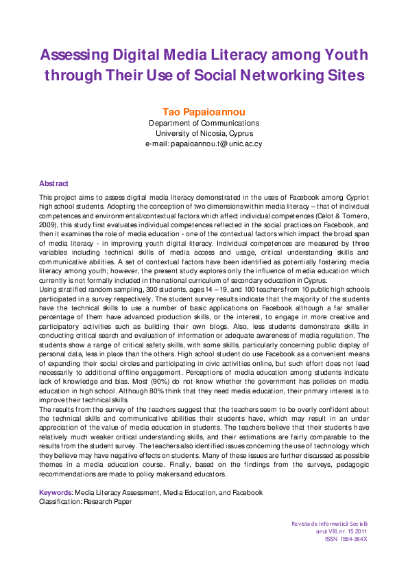 (PDF) Papaioannou, T. (2011). Assessing digital media literacy among ...
