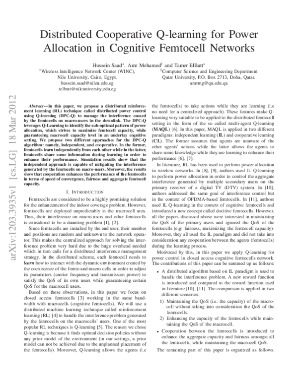 (PDF) Distributed Cooperative Q-learning for Power Allocation in Cognitive Femtocell Networks