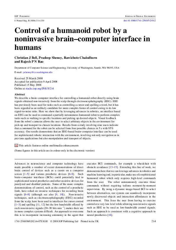 (PDF) Control of a humanoid robot by a noninvasive brain–computer interface in humans