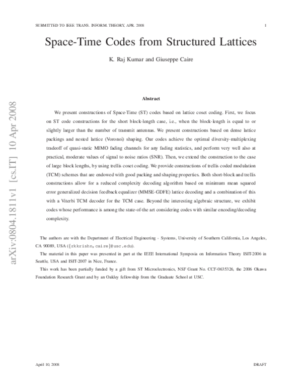 (PDF) Space-time codes from structured lattices