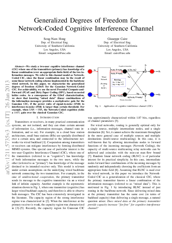 (PDF) Generalized Degrees of Freedom for Network-Coded Cognitive Interference Channel