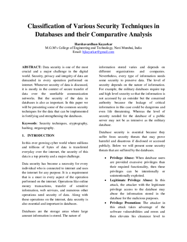 Pdf Classification Of Various Security Techniques In Databases And