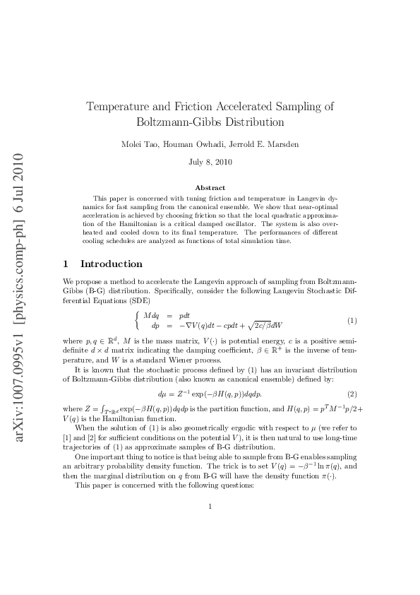 Pdf Temperature And Friction Accelerated Sampling Of Boltzmann Gibbs Distribution