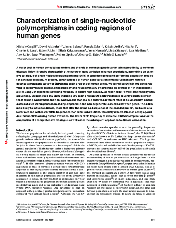 (PDF) Characterization of single-nucleotide polymorphisms in coding regions of human genes