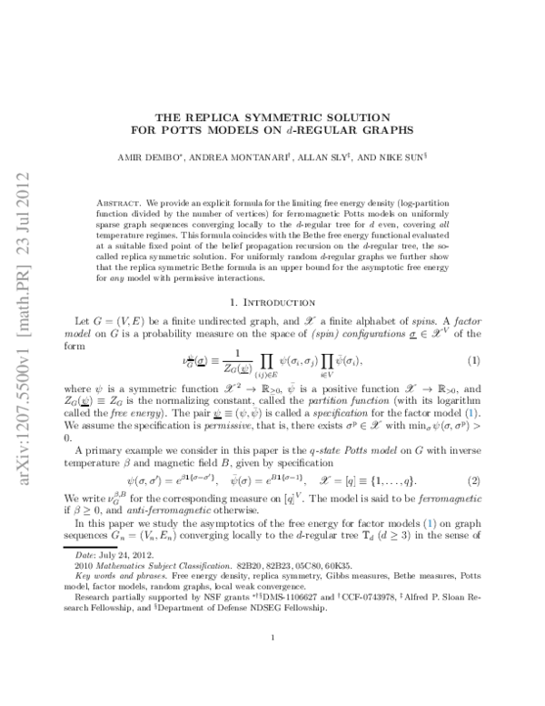 (PDF) The replica symmetric solution for Potts models on d-regular graphs