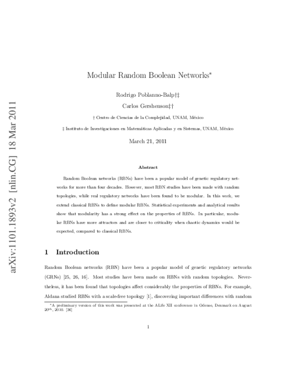 Pdf Modular Random Boolean Networks Carlos Gershenson