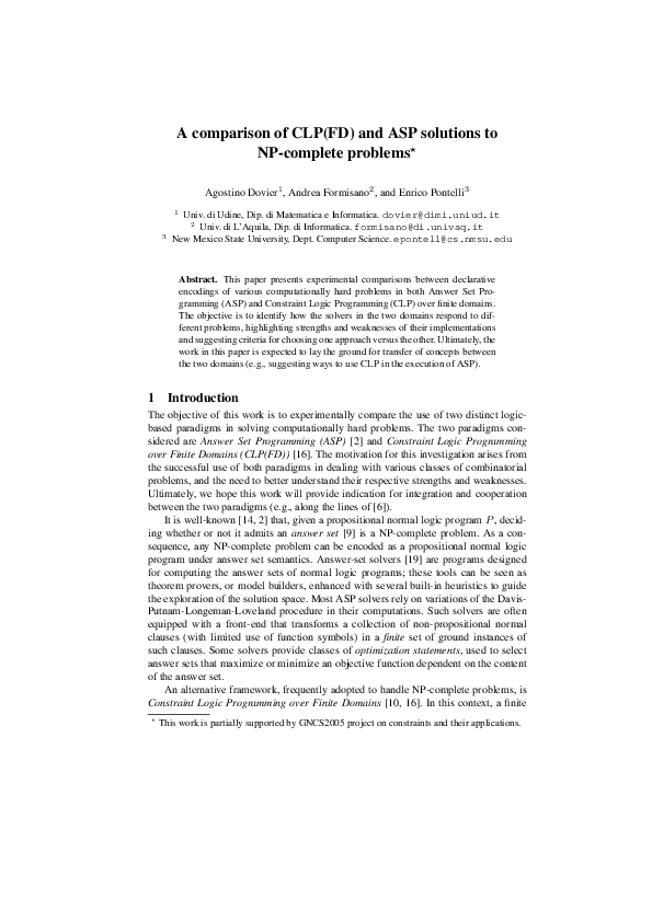 Pdf A Comparison Of Clp Fd And Asp Solutions To Np Complete Problems