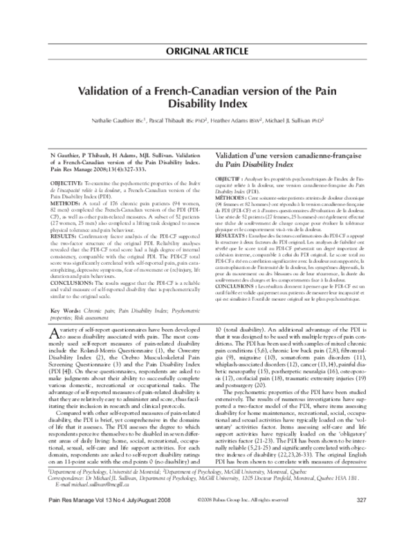 (PDF) Validation of a French-Canadian version of the pain disability index