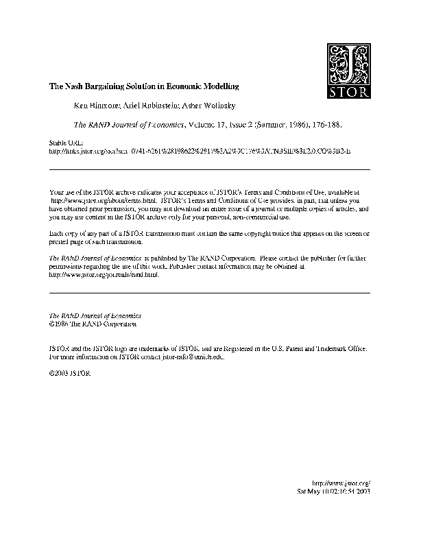 (PDF) The Nash Bargaining Solution In Economic Modelling