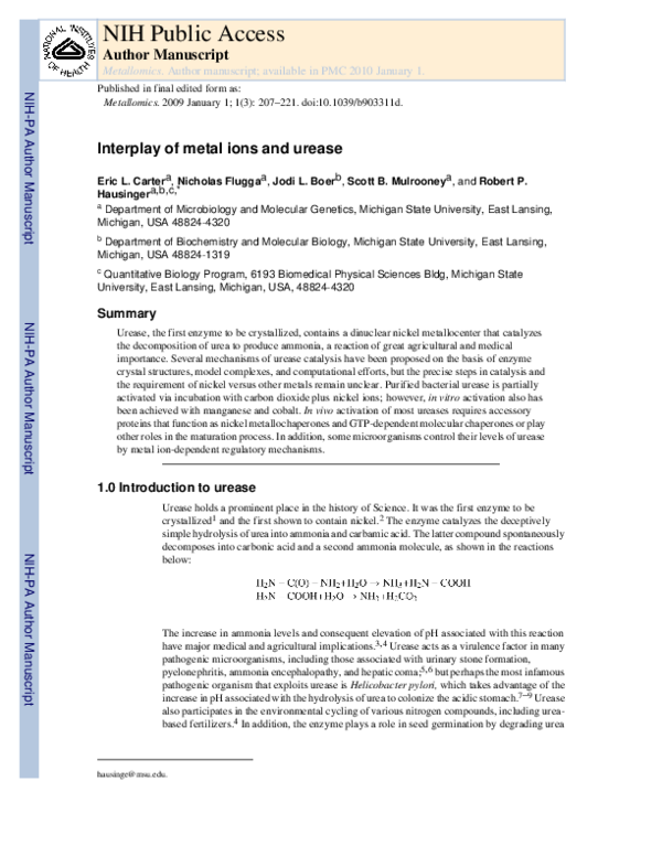 (PDF) Interplay of metal ions and urease