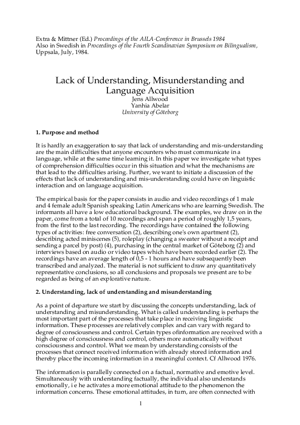 (PDF) Lack of understanding, misunderstanding and language acquisition