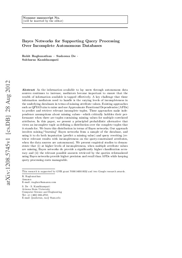 (PDF) Bayes Networks for Supporting Query Processing Over Incomplete Autonomous Databases