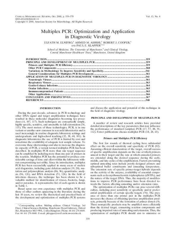 (PDF) Multiplex PCR: Optimization and Application in Diagnostic Virology