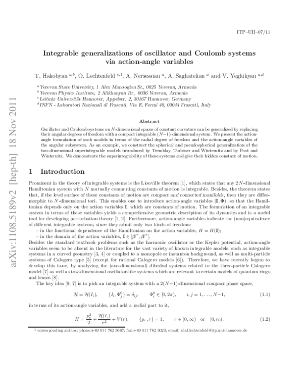 (PDF) Integrable generalizations of oscillator and Coulomb systems via action-angle variables