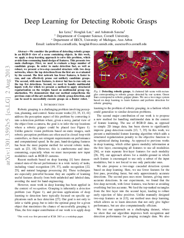 (PDF) Deep Learning for Detecting Robotic Grasps