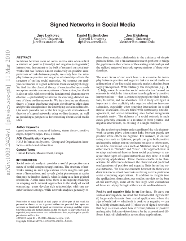(PDF) Signed networks in social media