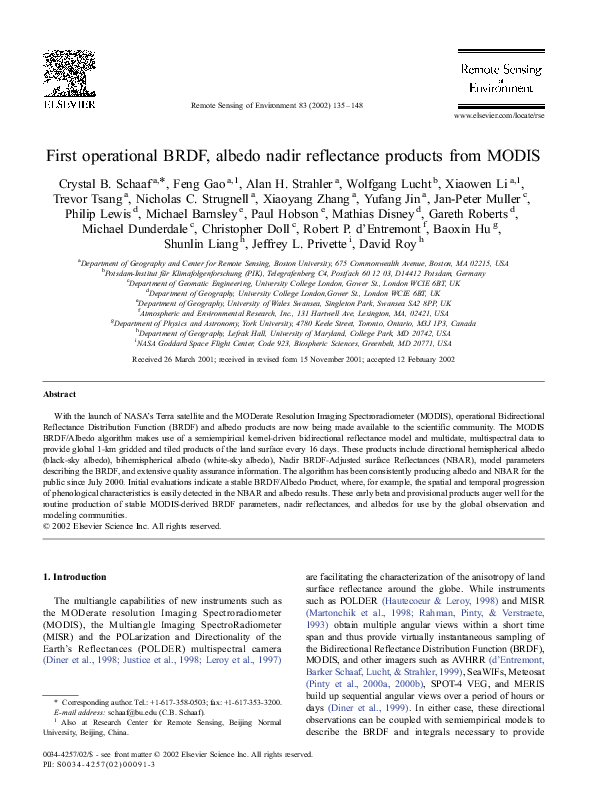 (PDF) First Operational BRDF, Albedo Nadir Reflectance Products From MODIS