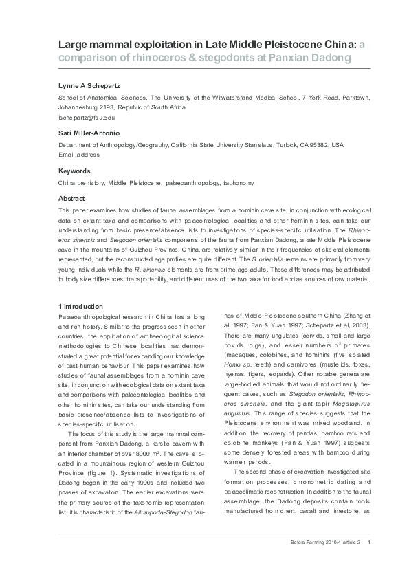 (PDF) Large mammal exploitation in Late Middle Pleistocene China: a ...