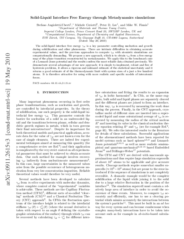 (PDF) Solid-Liquid Interface Free Energy Through Metadynamics Simulations