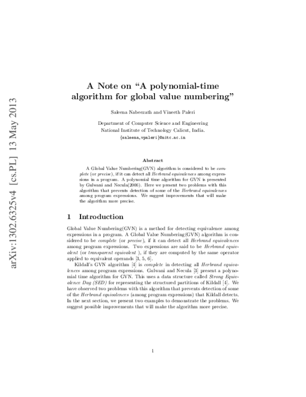 Pdf A Note On A Polynomial Time Algorithm For Global Value Numbering
