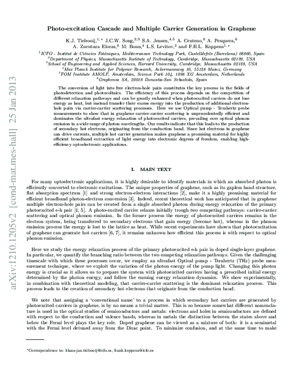 (PDF) Photo-excitation Cascade and Multiple Carrier Generation in Graphene