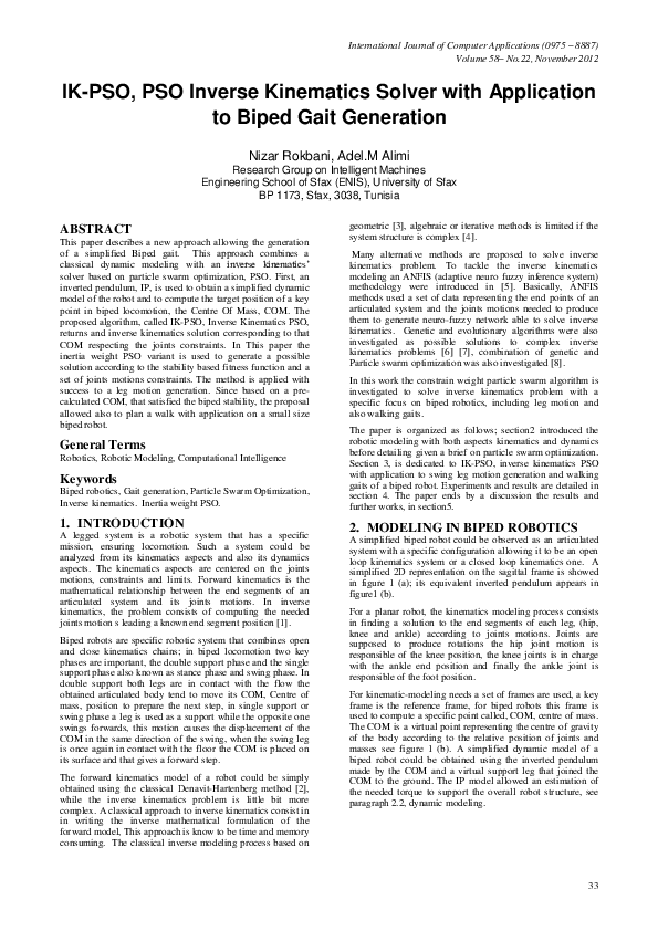 Pdf Ik Pso Pso Inverse Kinematics Solver With Application To Biped Gait Generation